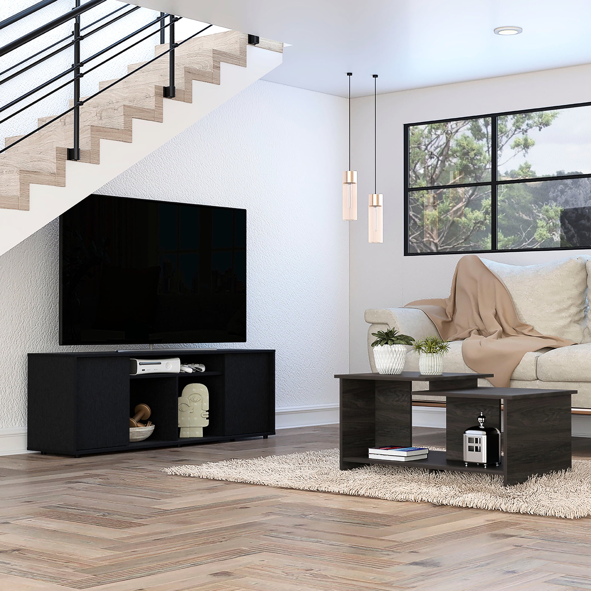 2 Piece Living Room Arrangement: Black/ Tv Stand & 3 Coffee Table ...