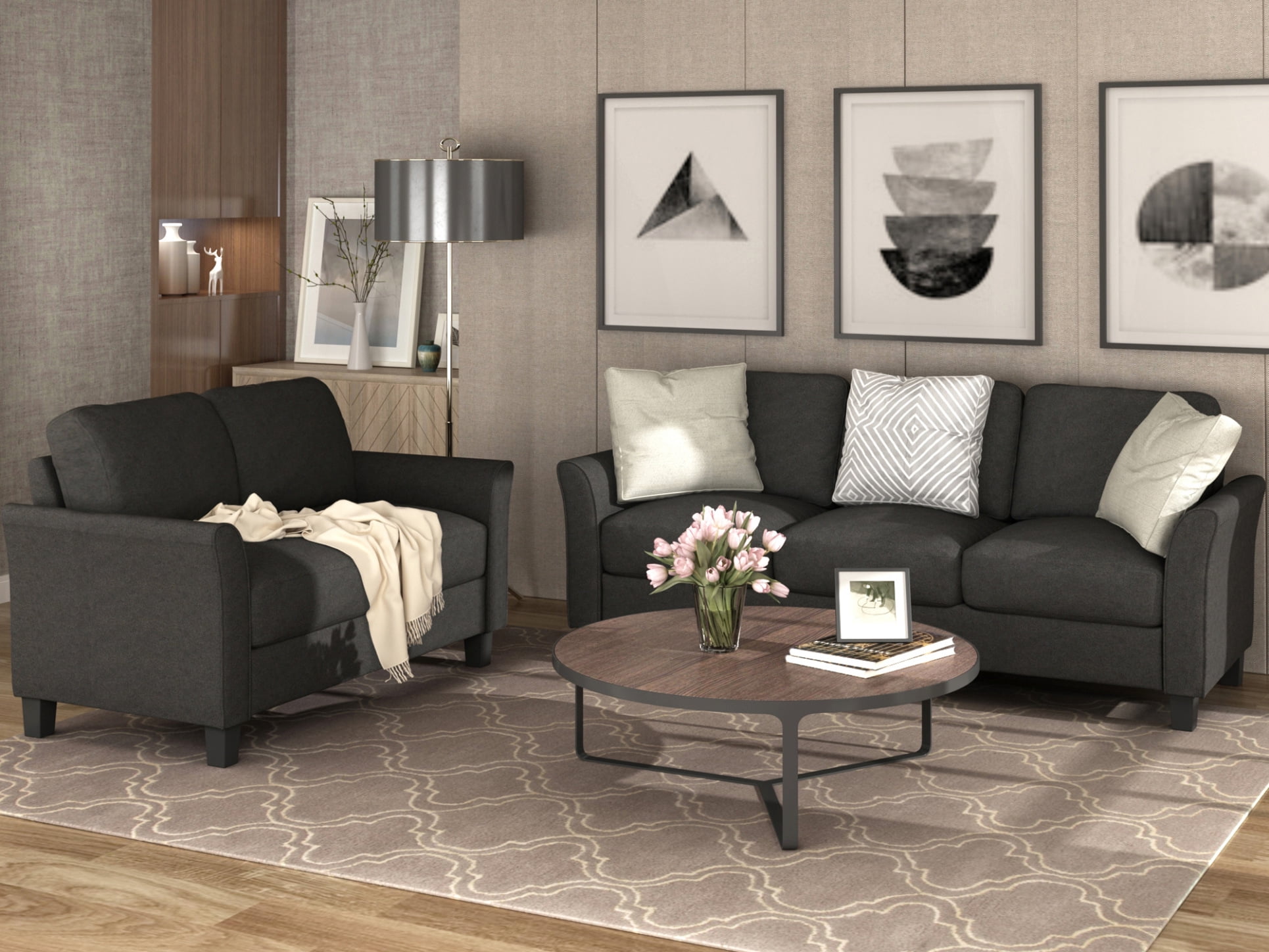2 Piece Living Room Sofa Set, Loveseat Couch and 3 Seat Sofa with Solid ...