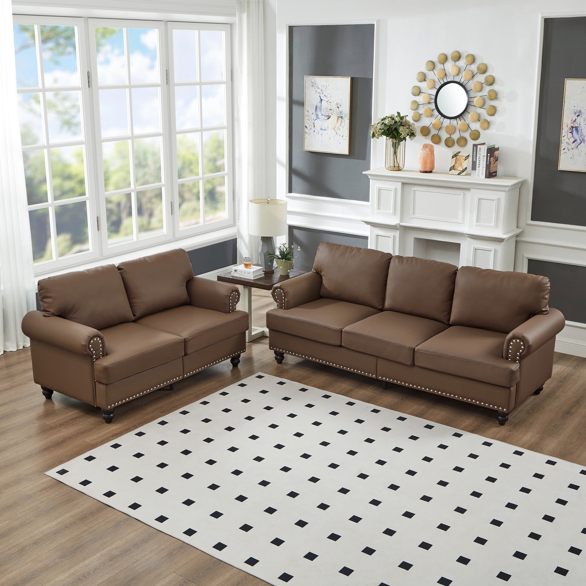 2 Piece Living Room Sofa Set, Modern Leather 3 Seater and Loveseat Sofa ...