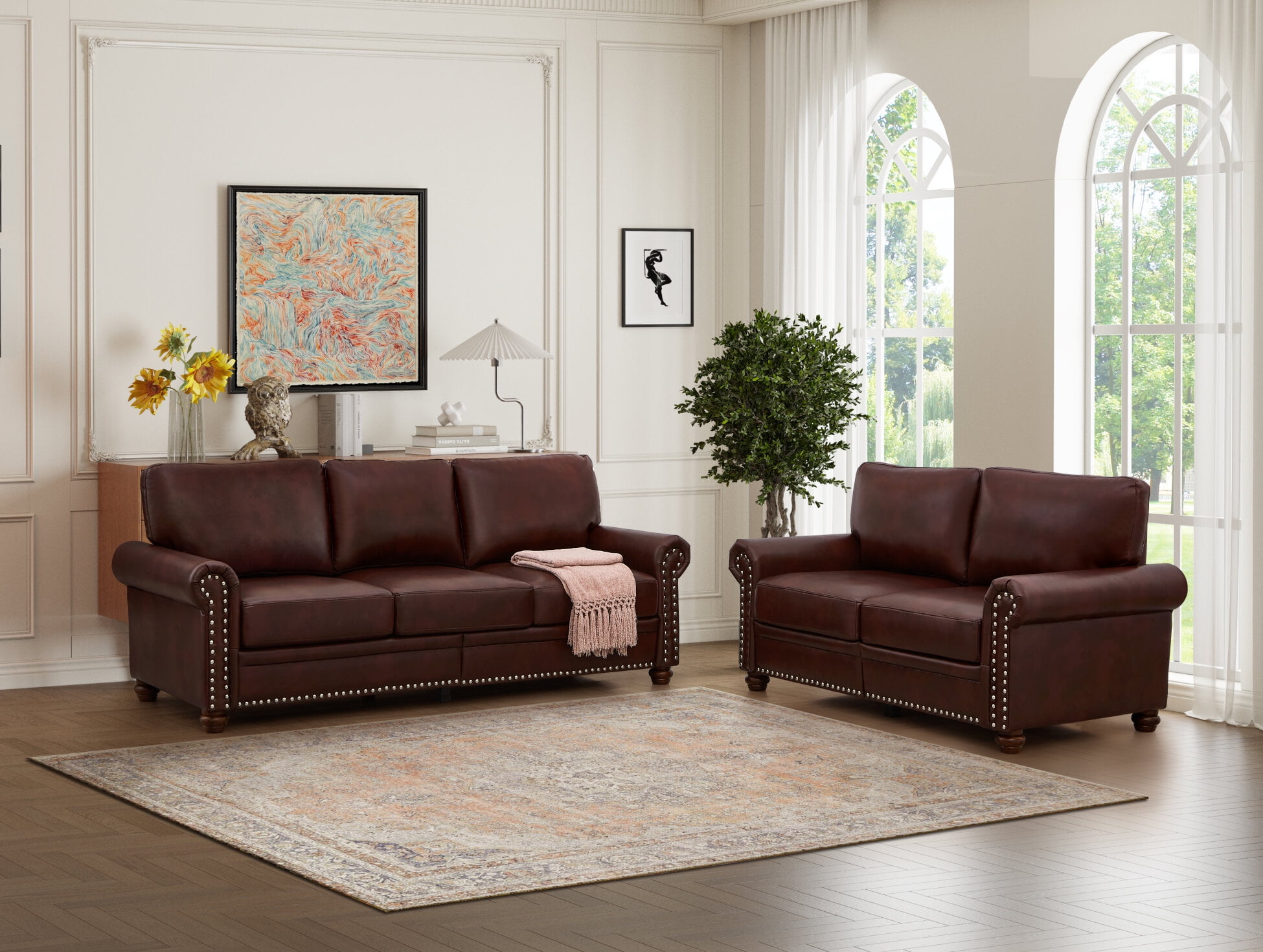 2 Piece Living Room Sofa Set, PU Leather Chesterfield Sofa Loveseat+3 ...