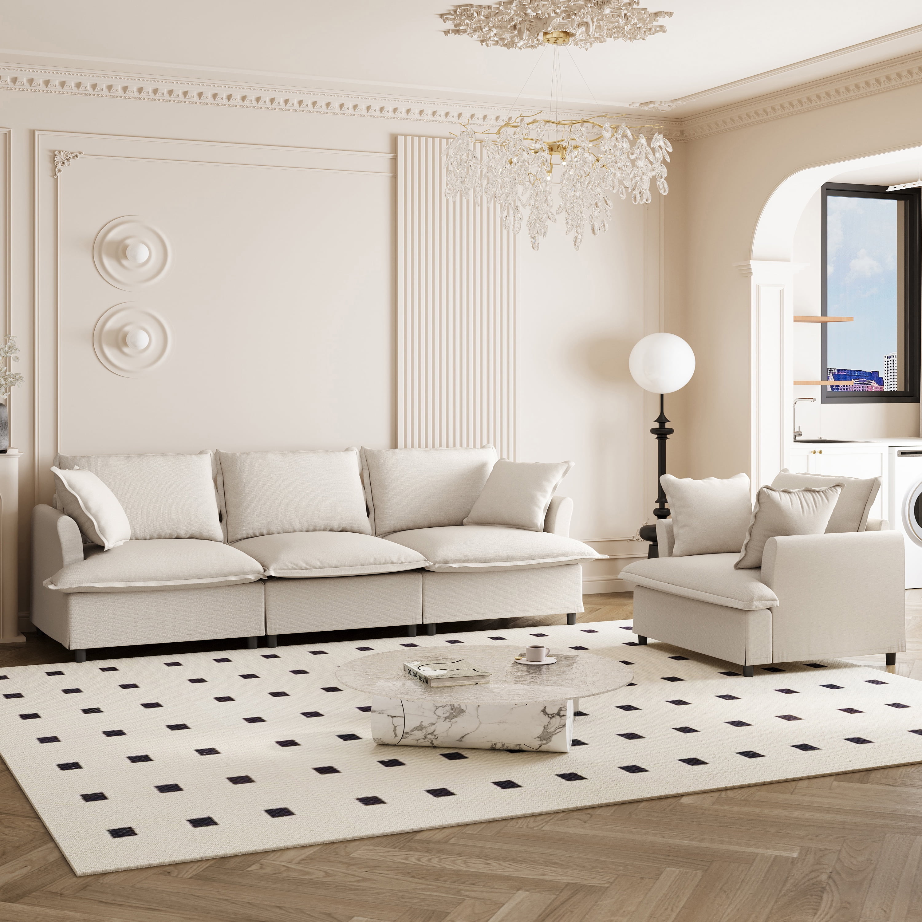 2 Piece Living Room Sofa Set with Throw Pillows, Chenille Sectional ...