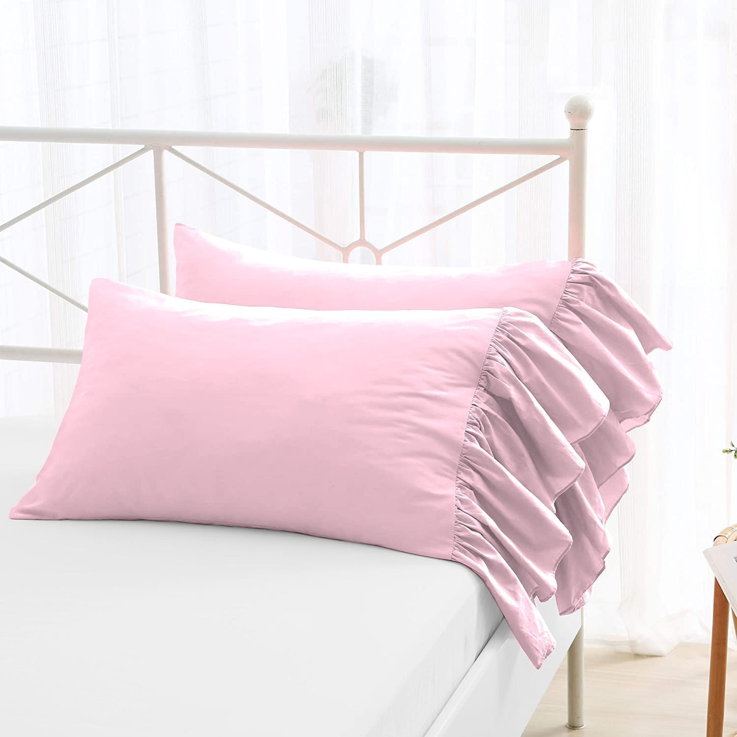 2 Piece Long Ruffles Mermaid Fishtail Pattern Solid Light Pink European Pillow Shams, (European ...