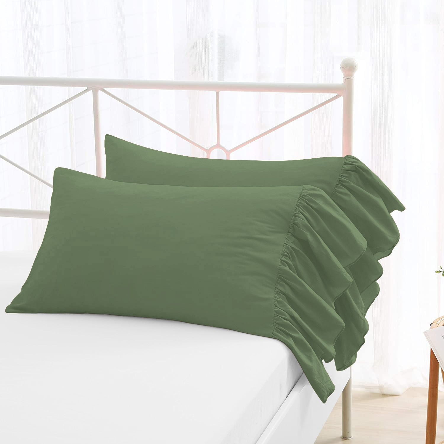2 Piece Long Ruffles Mermaid Fishtail Pattern Solid Moss Pillow Shams ...