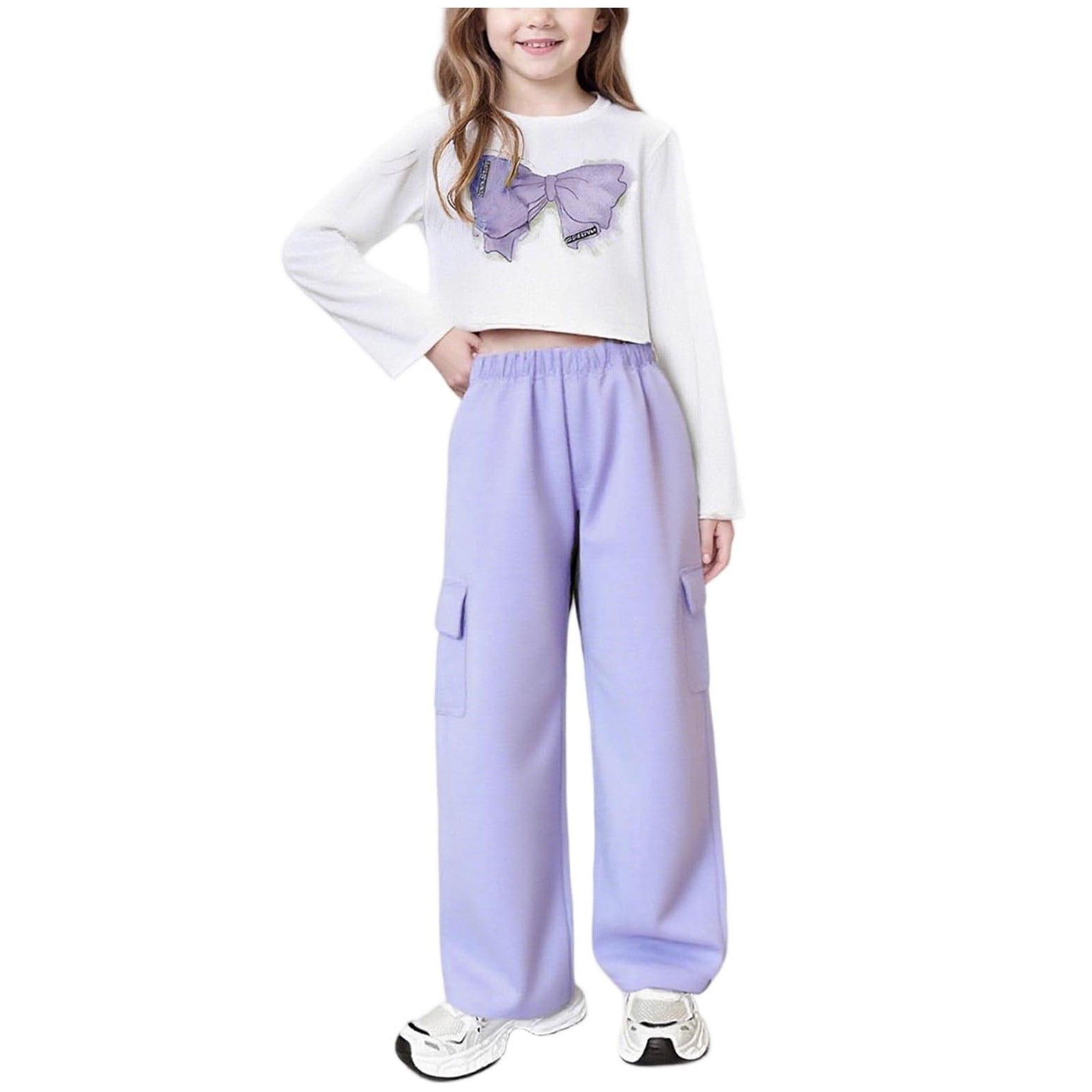 2 Piece Long Sleeve Set For Girls Crew Neck Bow Print Cropped Tops ...