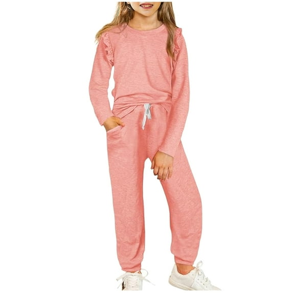 2 Piece Lounge Set Girls Lightweight Crewneck Long Sleeve Tops and ...