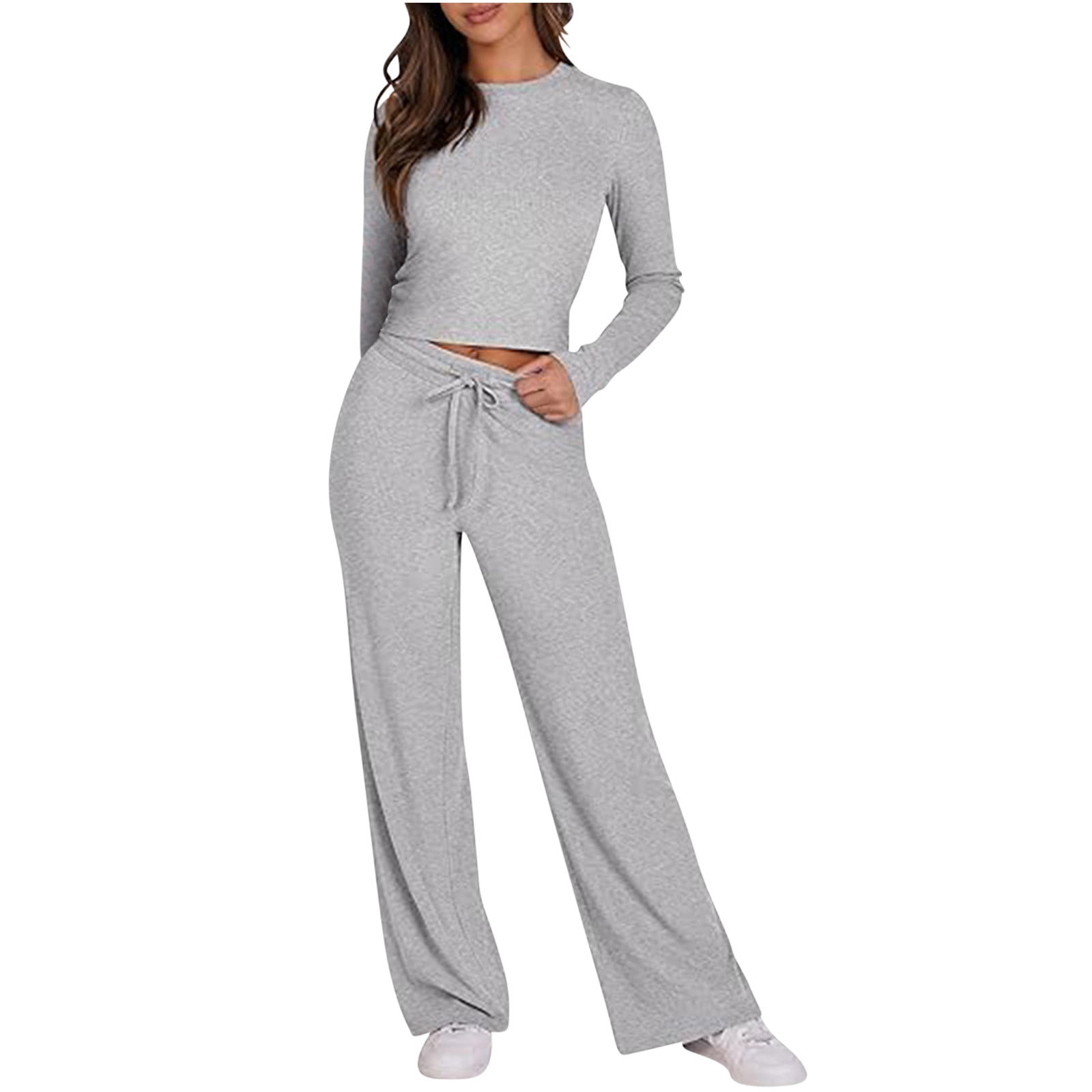 2 Piece Lounge Set Women Ribbed Knit Tracksuit Long Sleeve Crop Tops ...