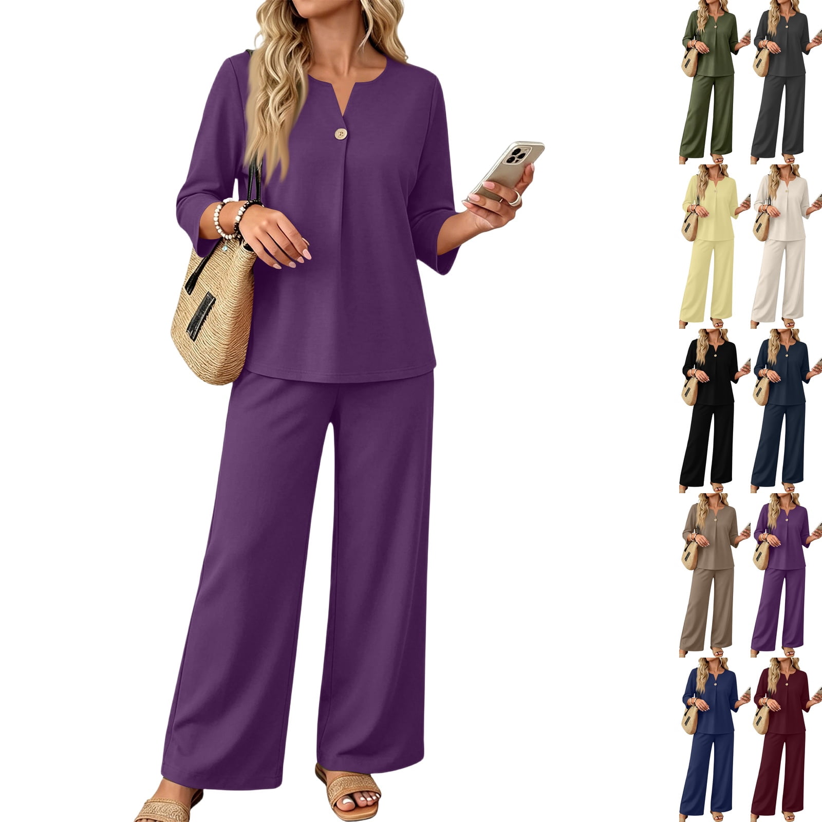 2 Piece Lounge Set Women Vacation Dressy Outfits 3/4 Sleeve V Neck T ...