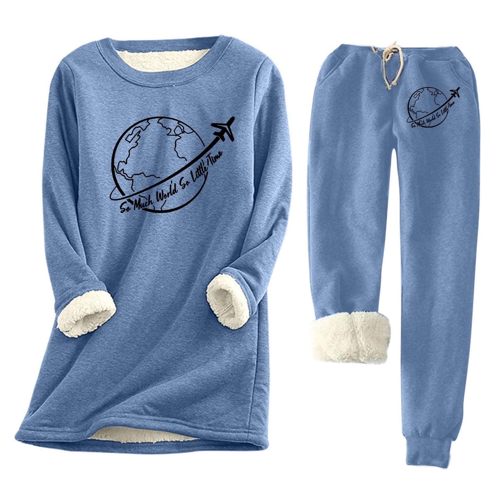 2 Piece Lounge Set Womens Fleece Pullover Independent Travel Print ...