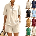 2 Piece Lounge Set for Women Short Sleeve Stand Collar Partial Button ...