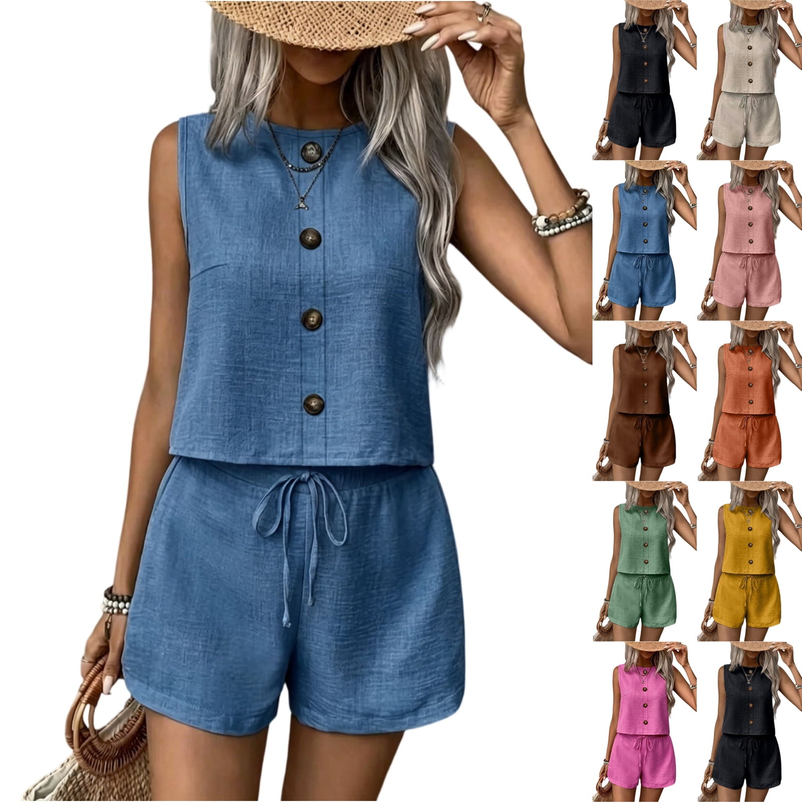 2 Piece Lounge Set for Women Sleeveless Round Neck Button Down Tops ...
