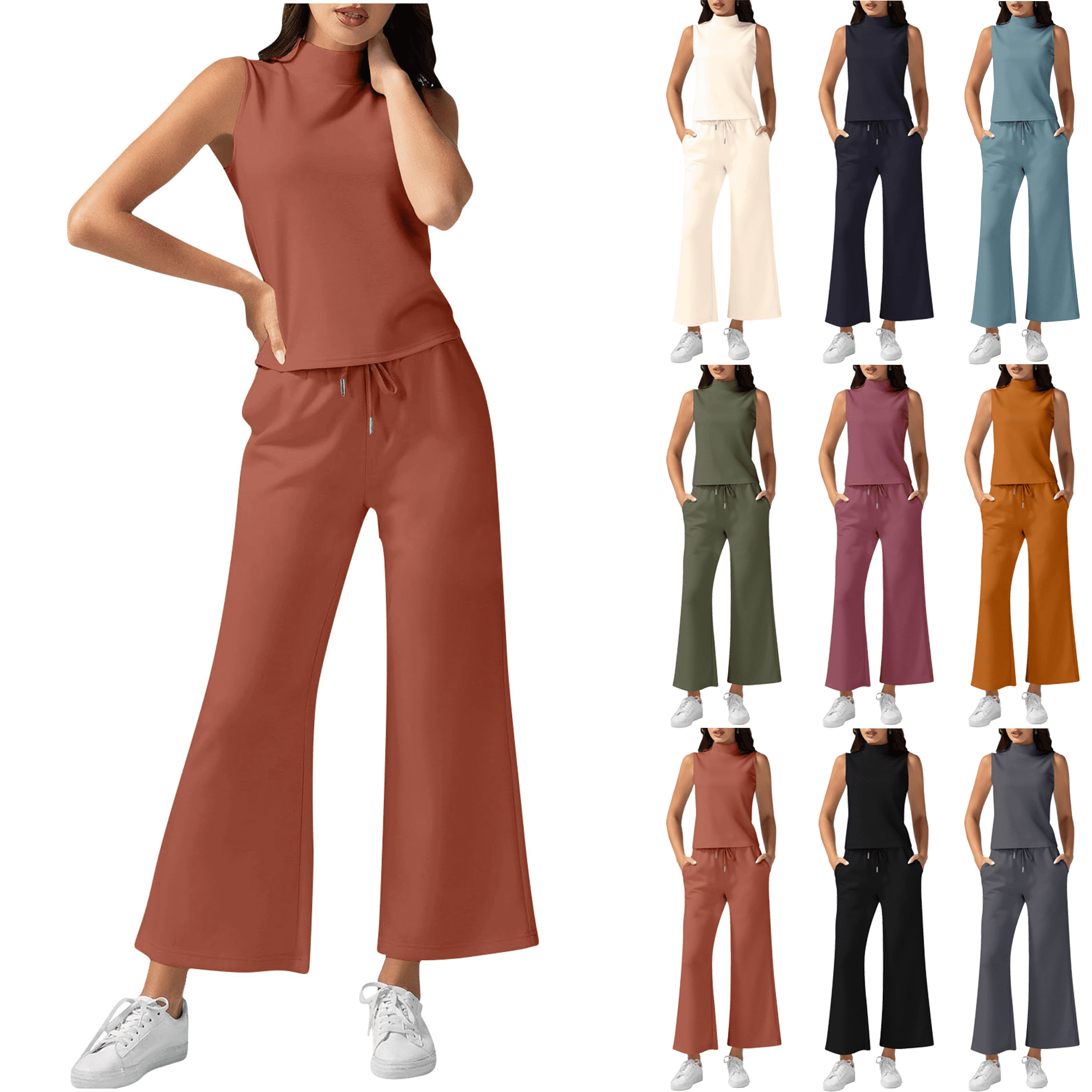 2 Piece Lounge Sets for Women Mock Neck Sleeveless Tops and Wide Leg ...