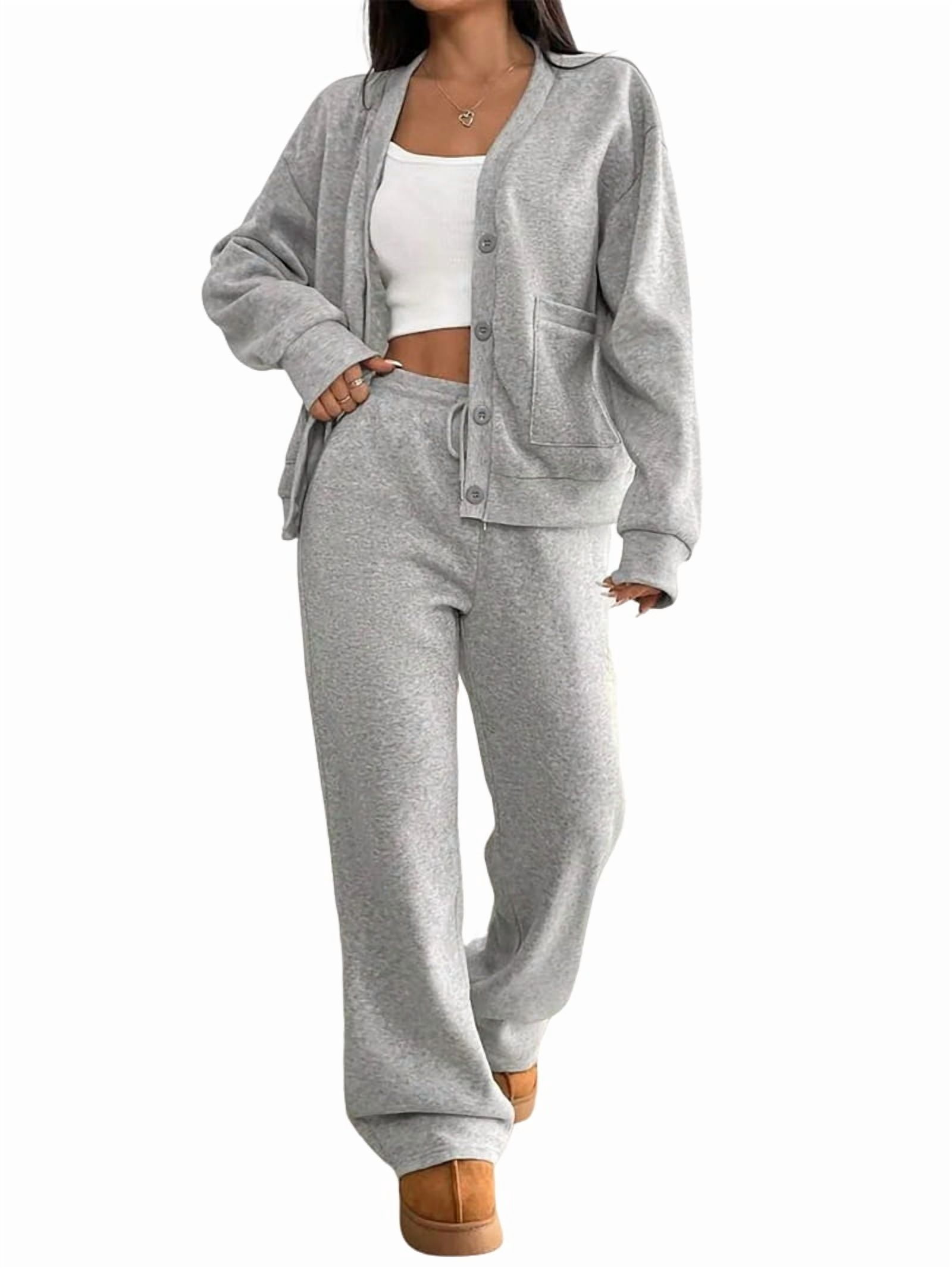 2 Piece Lounge Sets for Women Oversized Button Up Cardigan Wide Leg ...