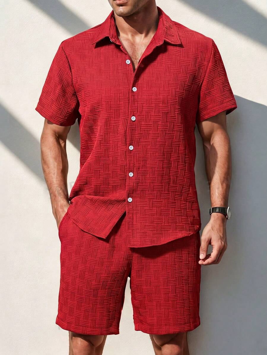 2-Piece Mens Burgundy Woven Texture Shirt & Shorts Set, Short Sleeve ...