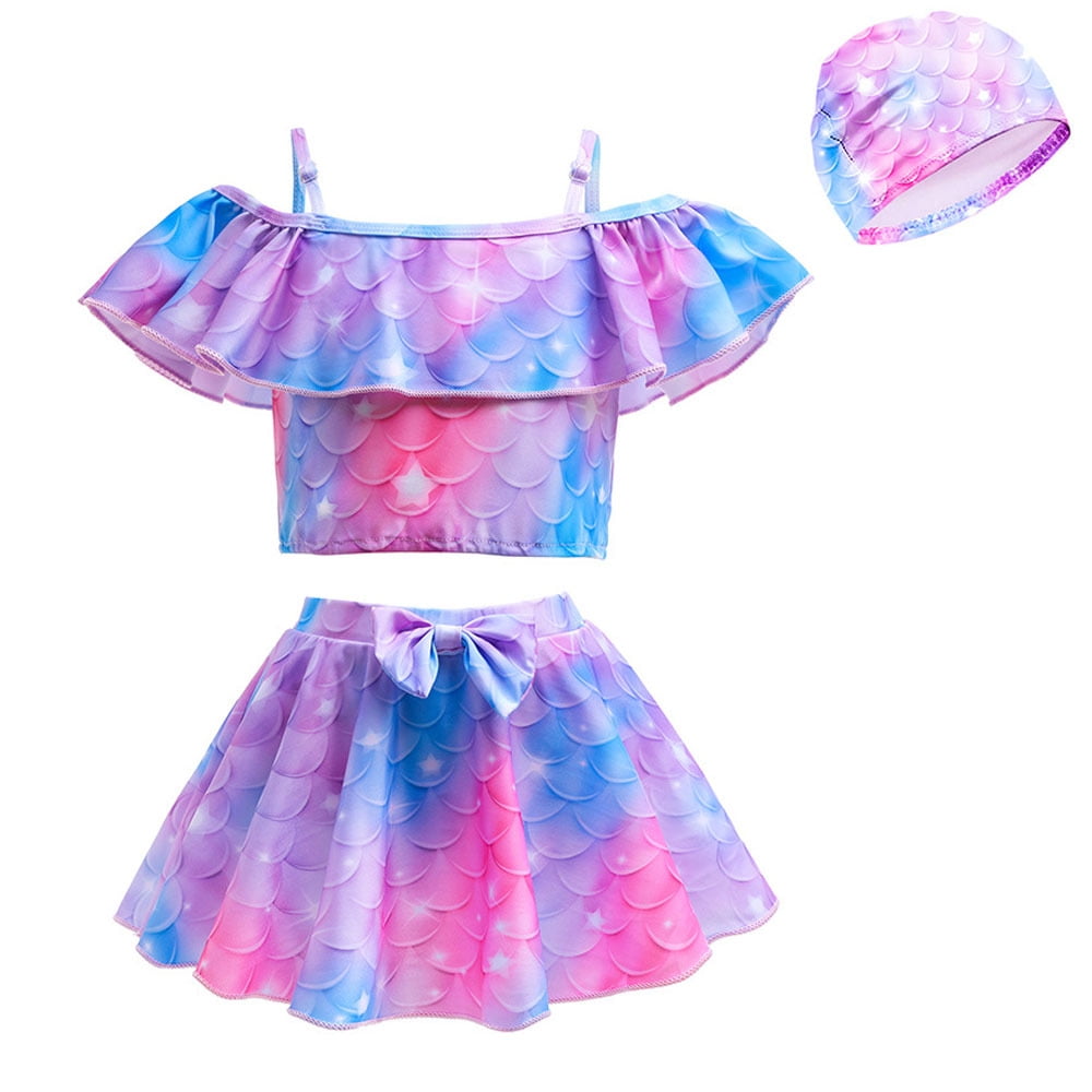 2-Piece Mermaid Swimsuit for Girls Ruffle Sleeve Bathing Suit Bikini ...