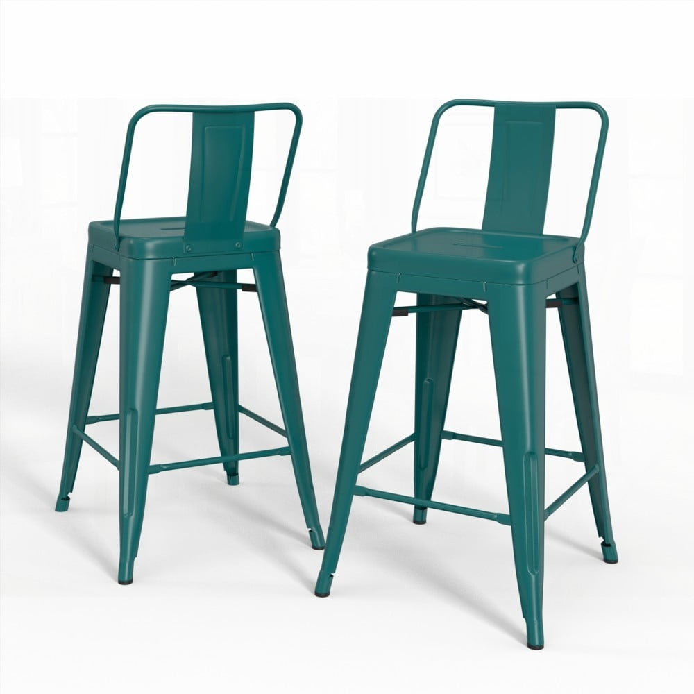 2-Piece Metal Counter Height Stool Set - Teal Blue (Mid Century ...