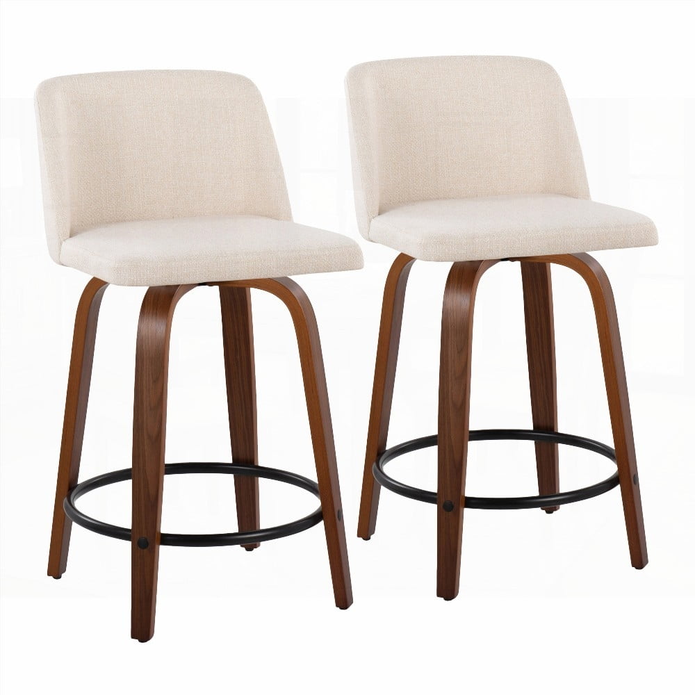2-Piece Mid-Century Modern Fixed Height Counter Stools in Walnut Wood ...