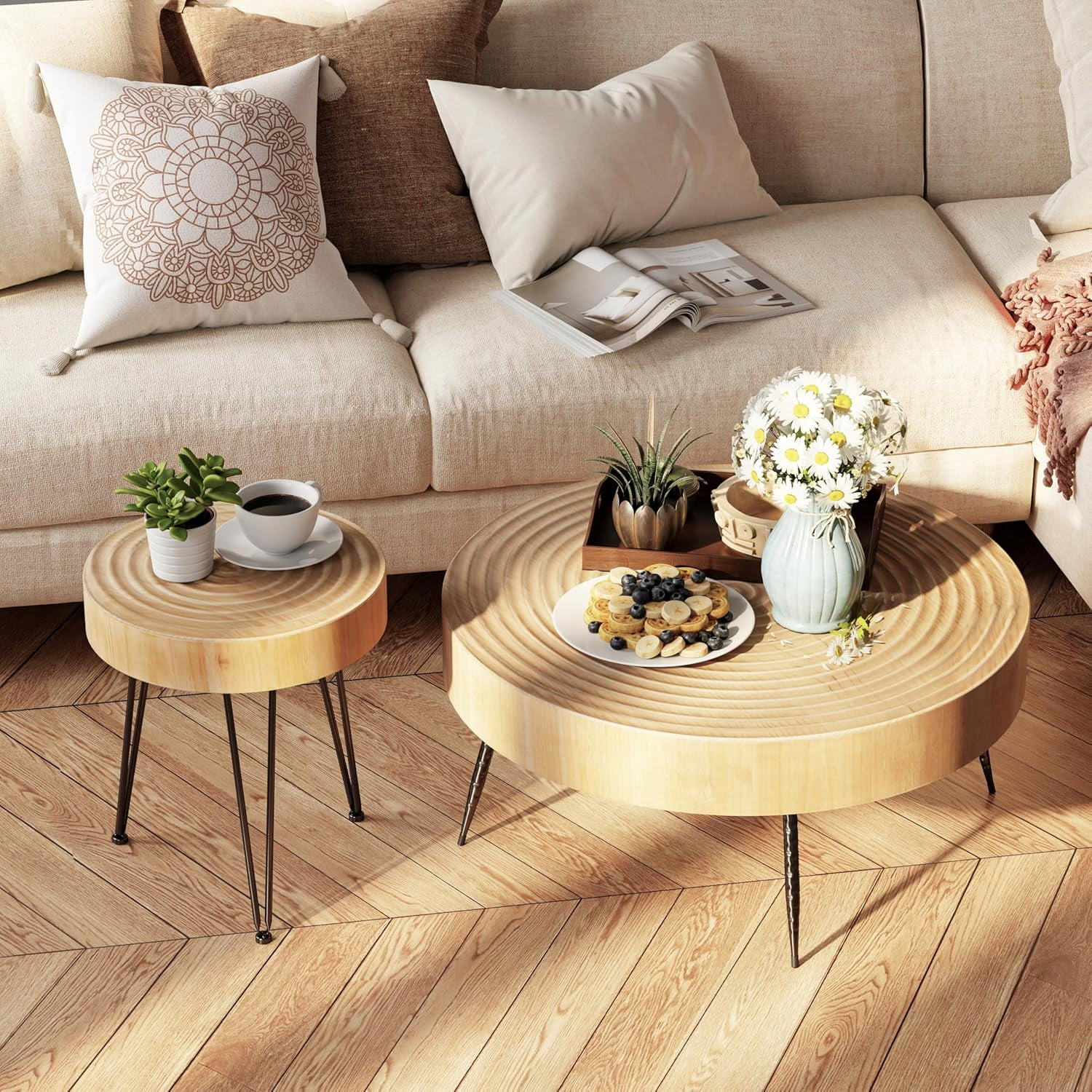 2-Piece Modern Farmhouse Living Room Coffee Table Set, Nesting Table ...