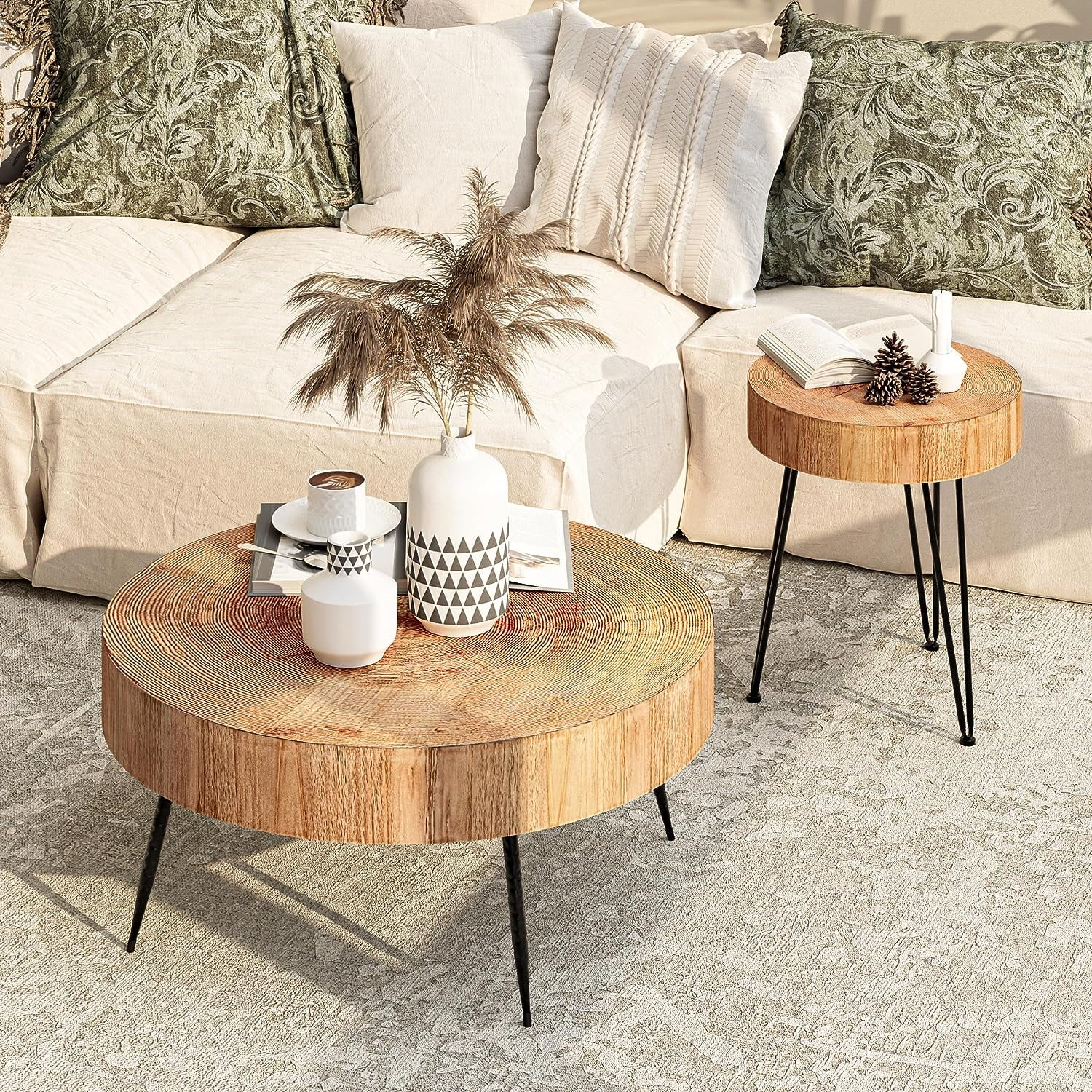 2-Piece Modern Farmhouse Living Room Coffee Table Set, Nesting Table ...