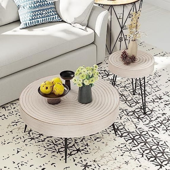 2-Piece Modern Farmhouse Living Room Coffee Table Set, Round Table ...