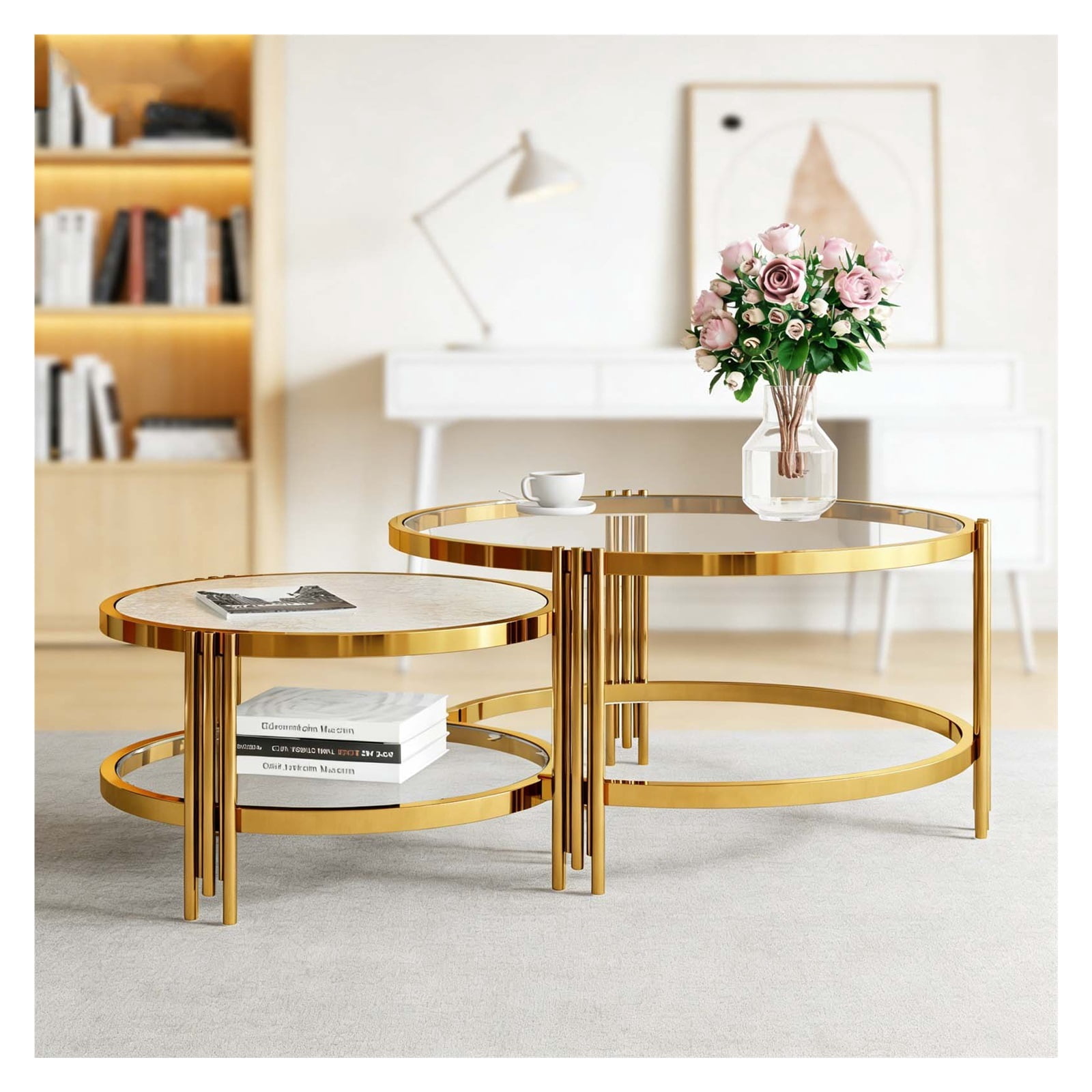 2-Piece Modern Gold Finish Nesting Coffee Table, Tempered Textured ...