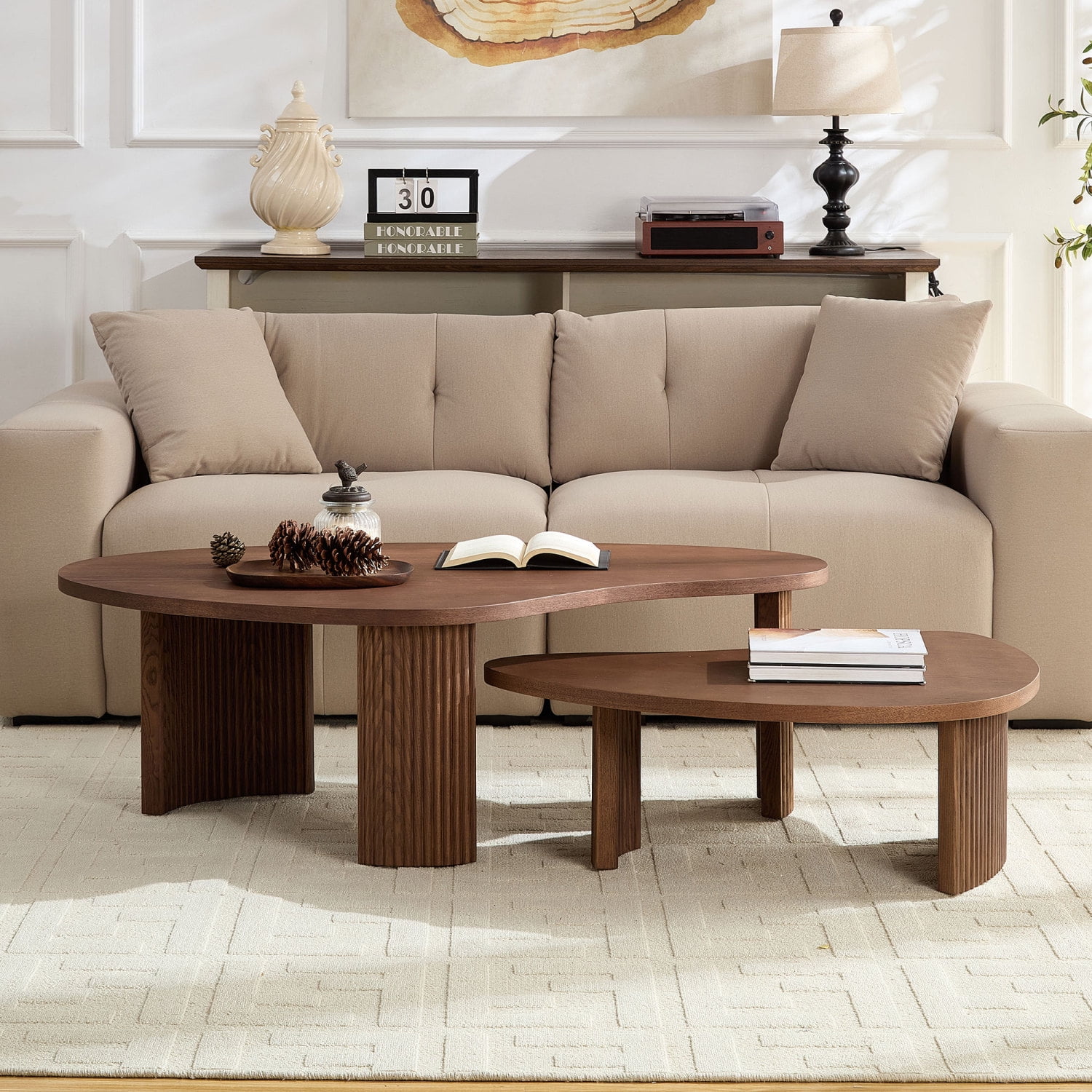 2-Piece Modern Irregular Shape Coffee Table Set - Walnut, MDF, Easy ...