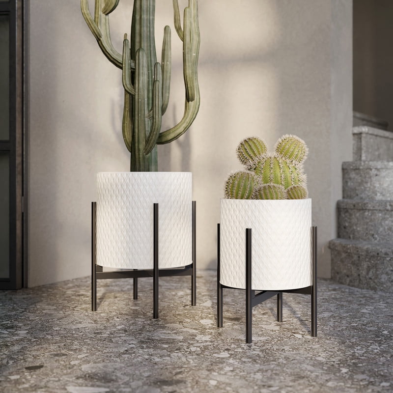 2-Piece Modern Metal Planter Pot With 4-Leg Black Metal Base - White ...