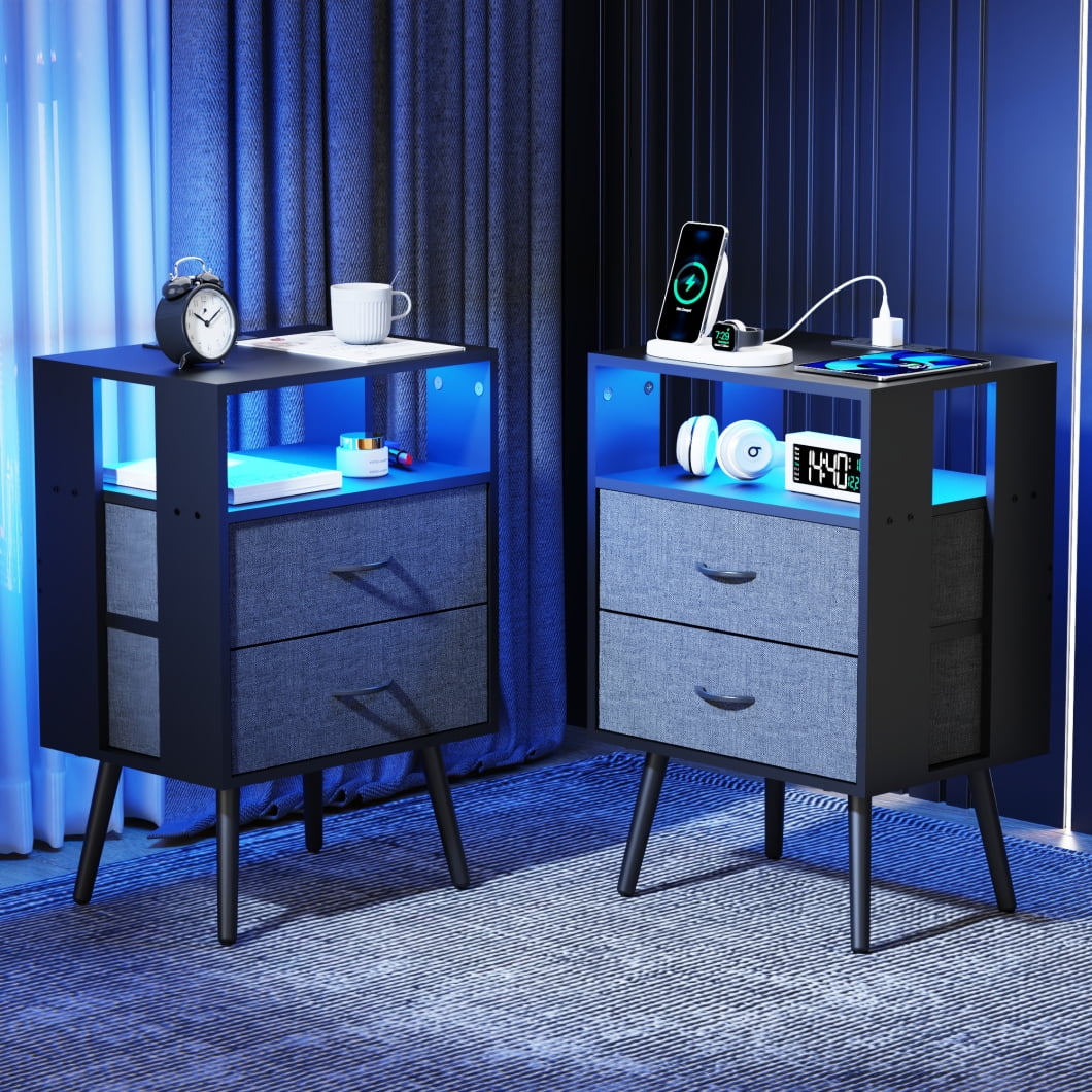2-Piece Modern Nightstands with USB/AC Charging Station & Remote ...