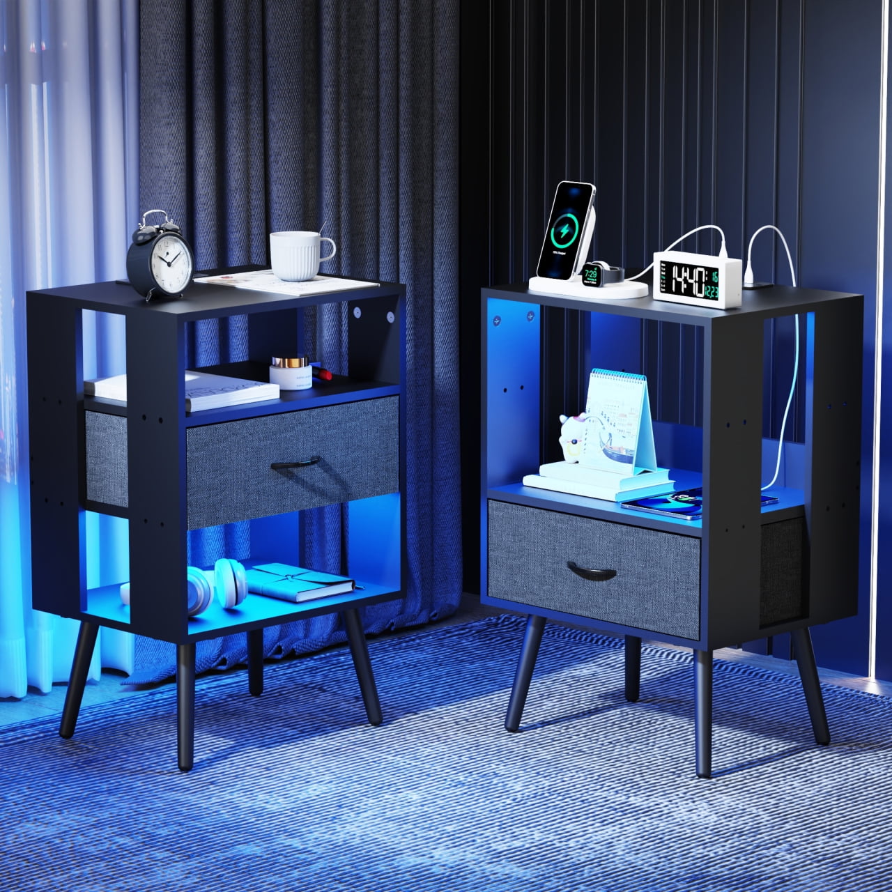 2-Piece Modern Nightstands with USB & AC Charging Ports & LED Lighting ...