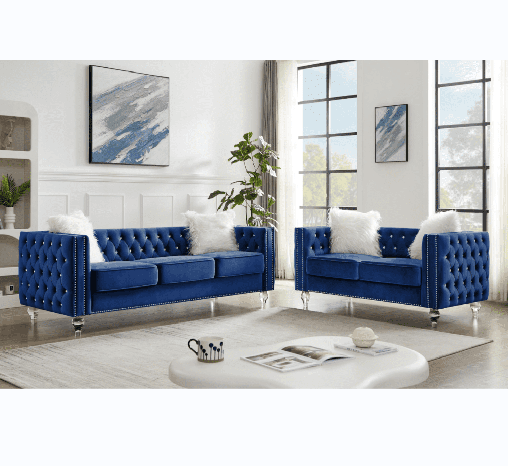2-Piece Modern Velvet Upholstered Sofa with Crystal Feet and Buckle ...