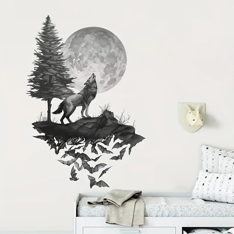 2-Piece Modern Wolf Under Full Moon Wall Sticker Set - Black and White ...