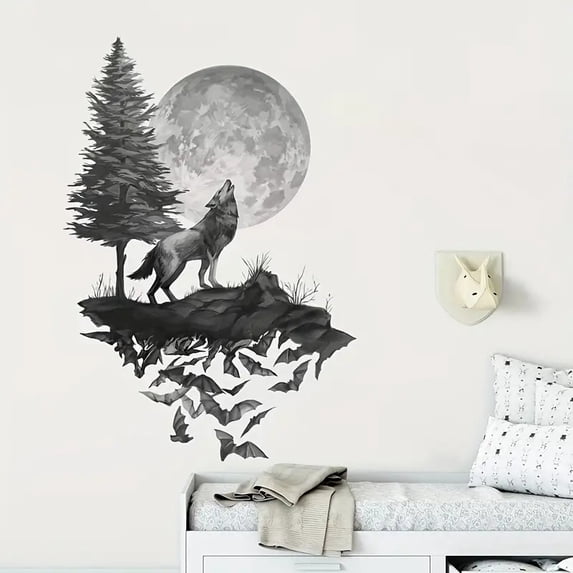 2-Piece Modern Wolf Under Full Moon Wall Sticker Set - Black and White ...