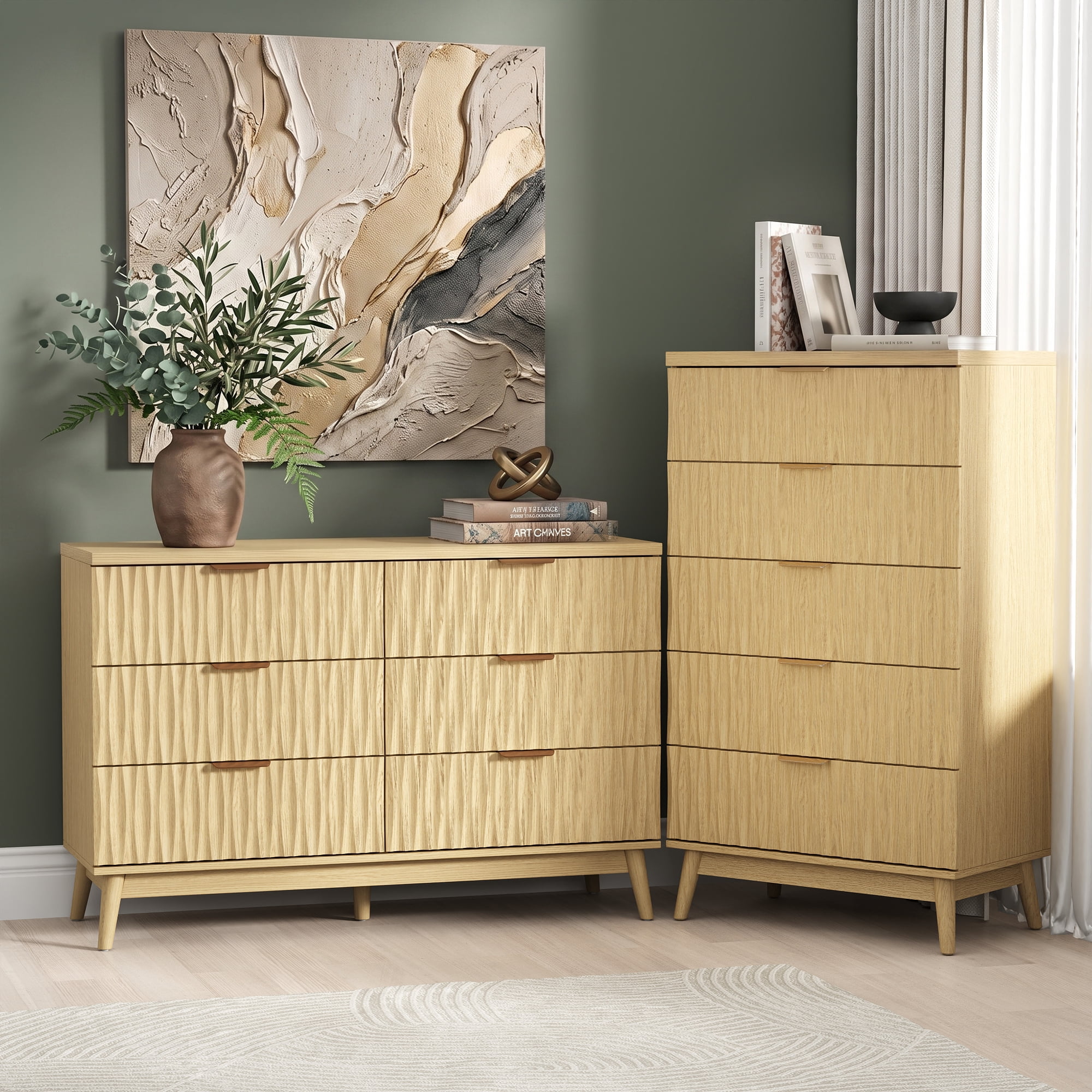 2-Piece Natural Fluted Dresser Set, Modern Ribbed Chest of Drawers ...