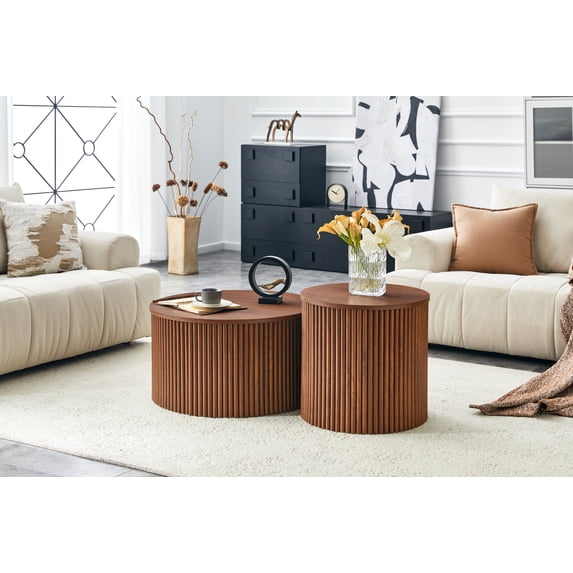 2-Piece Nesting Coffee Table Set, Modern Round Center Table with Hidden ...