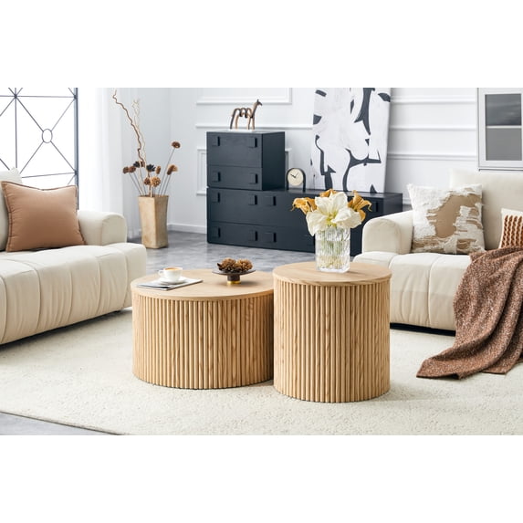 2-Piece Nesting Coffee Table Set, Modern Round Center Table with Hidden ...