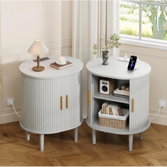 2-Piece Nightstand Set with Charging Station Mid-Century Modern, White ...