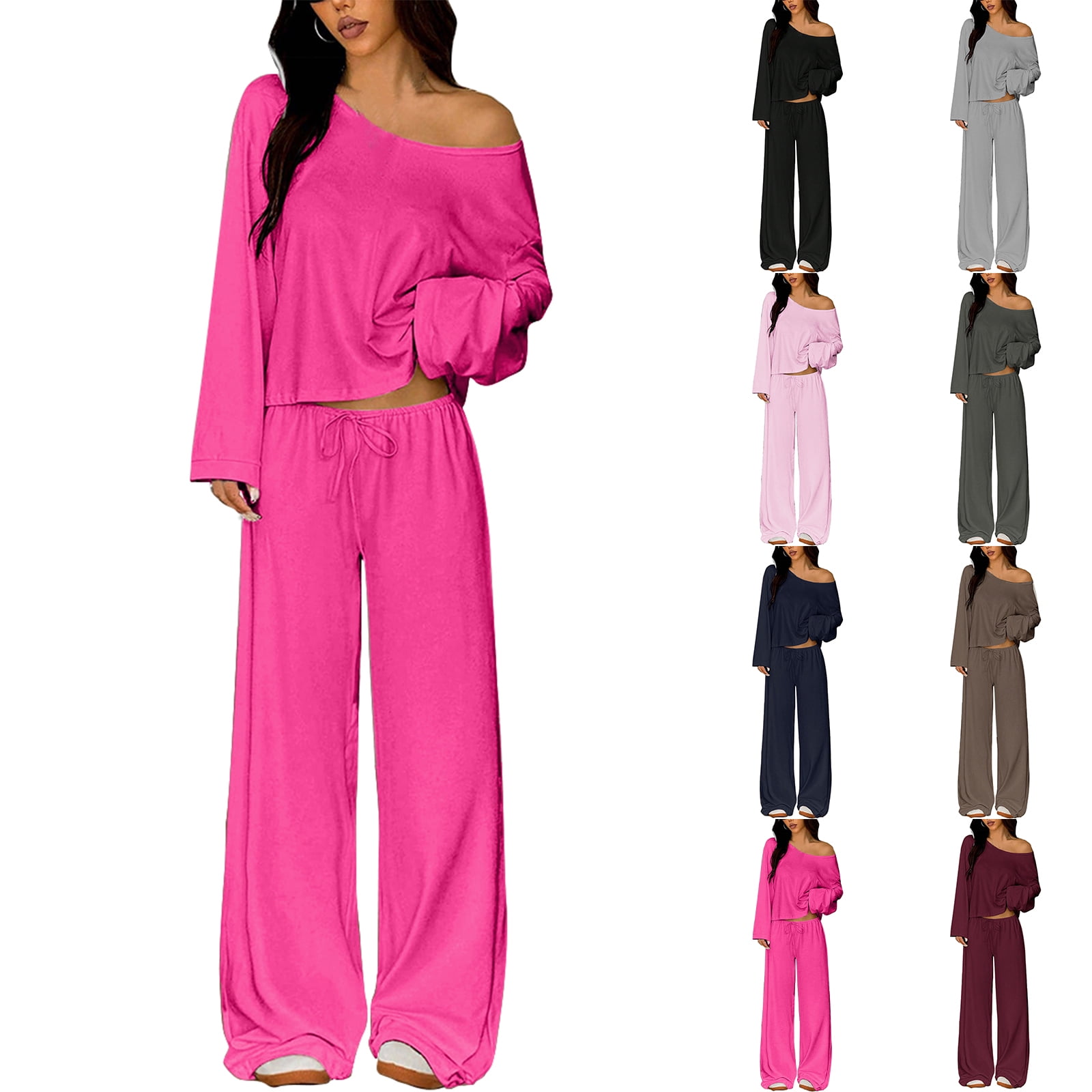 2 Piece Off Shoulder Set Womens Wide Leg Pants Side Ruching Slightly ...