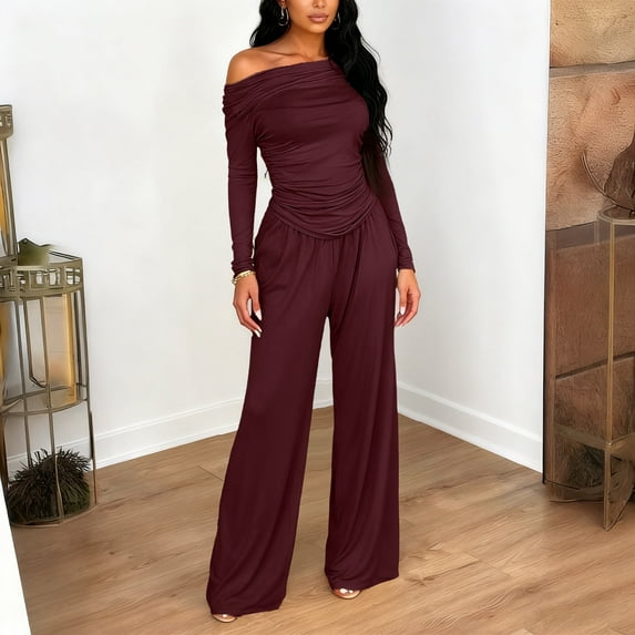 2 Piece Off Shoulder Set Womens Wide Leg Pants Side Ruching Slightly ...