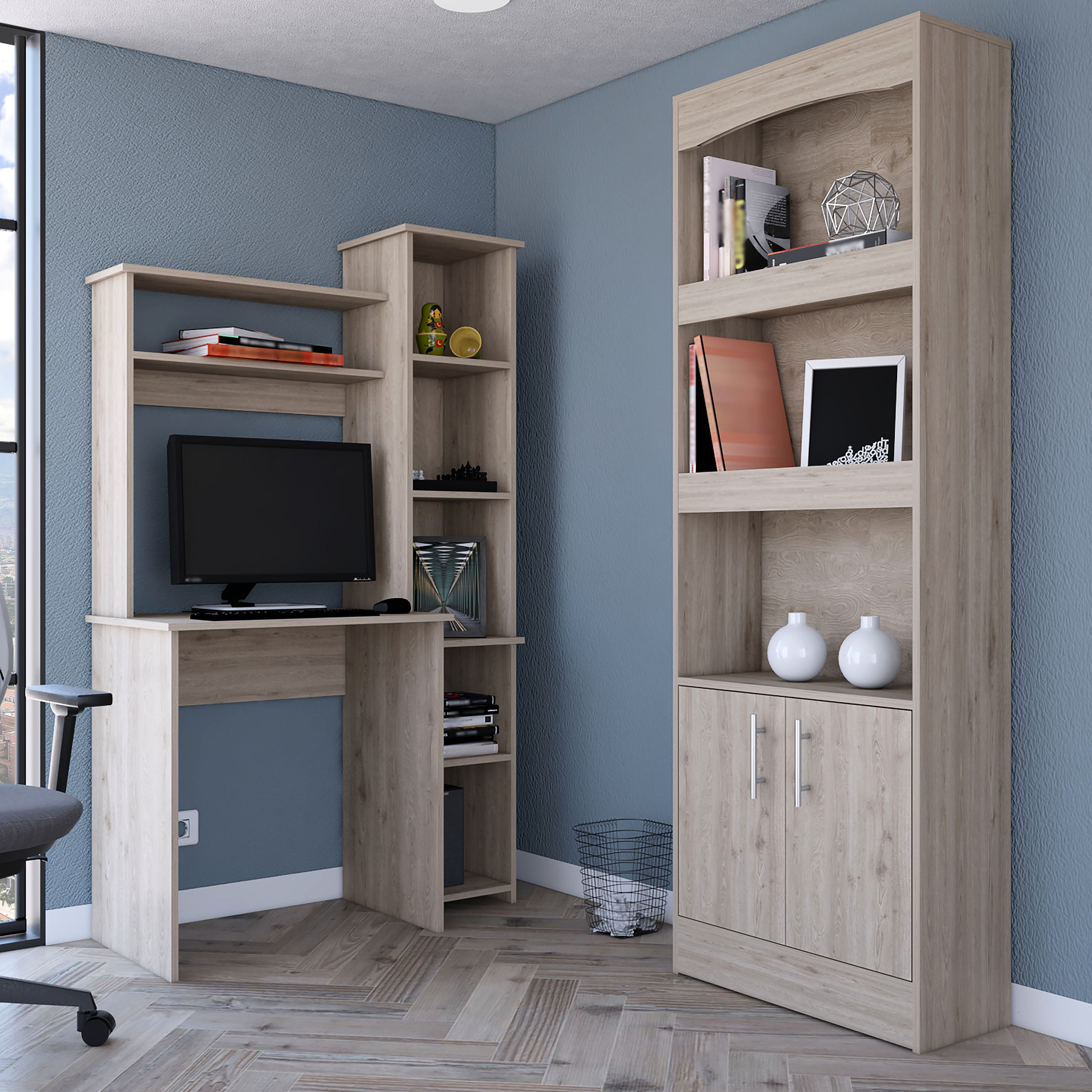 2 Piece Office - Gray Bookcase & Desk. Easy Assembly With Interlocking ...