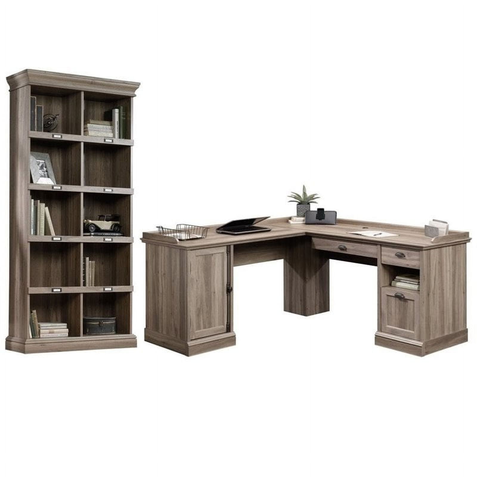 Home Square L Shaped Computer Desk with 10-Cubby Bookcase, Salt Oak ...