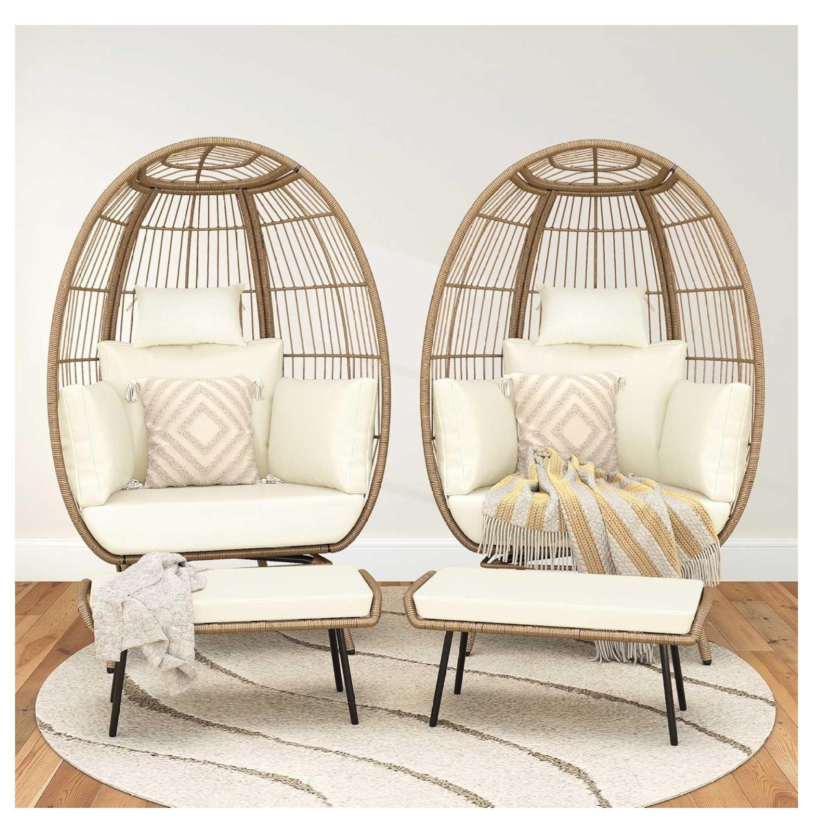 2 Piece Outdoor Egg Chair with Footrest Oversized Indoor Egg Lounger ...