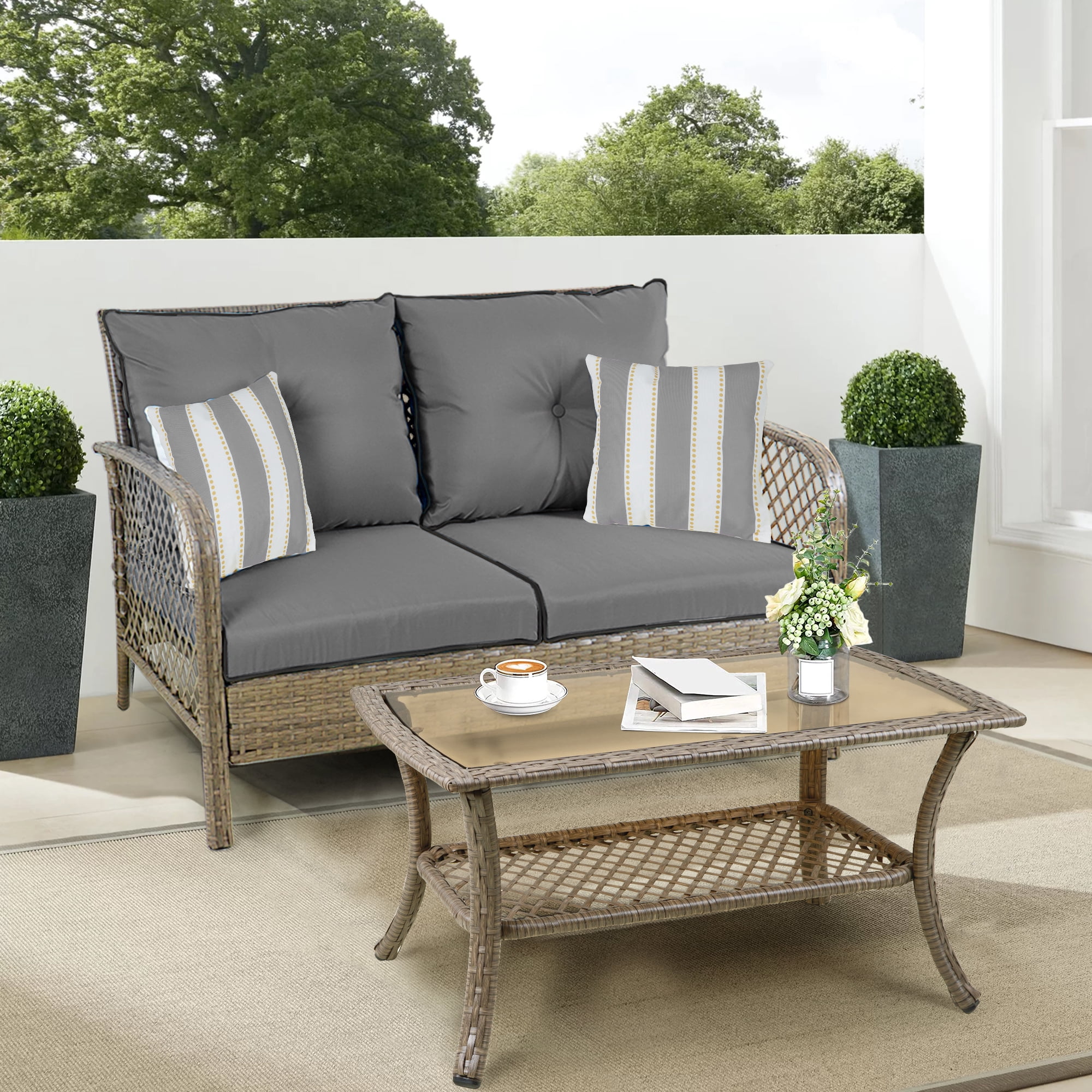 2-Piece Outdoor Patio Wicker Furniture Set, Rattan Love-seat and Coffee ...
