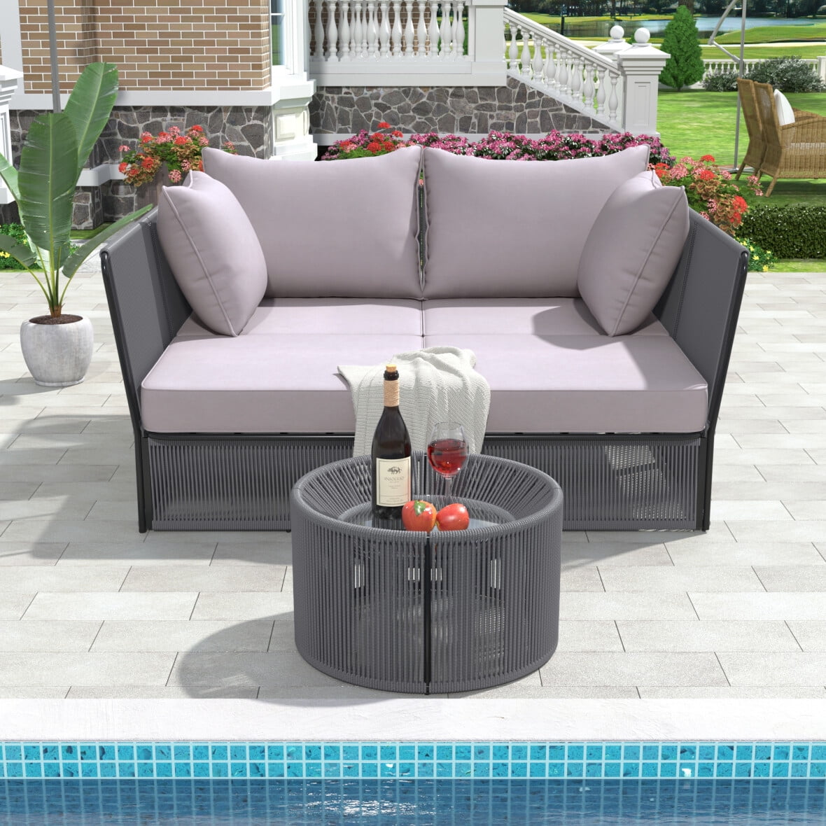 2-Piece Outdoor Sunbed and Coffee Table Set, Patio Double Chaise ...