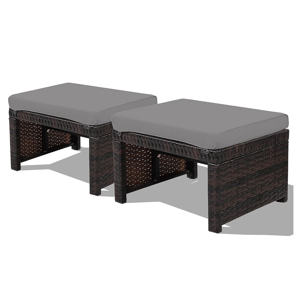 2 Piece Outdoor Wicker Ottomans, Patio Rattan Footstool ...