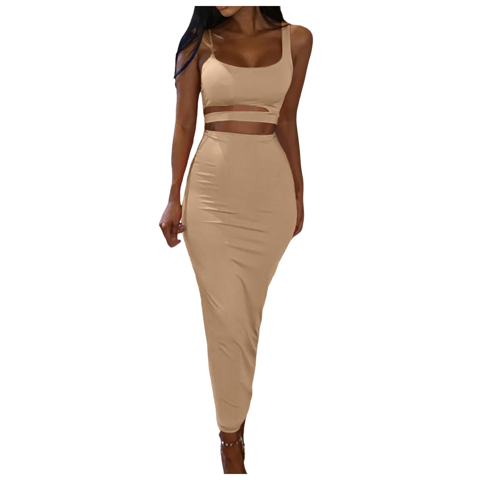 2 Piece Outfit Maxi Dress for Women Summer Deep U Neck Sleeveless Tank ...