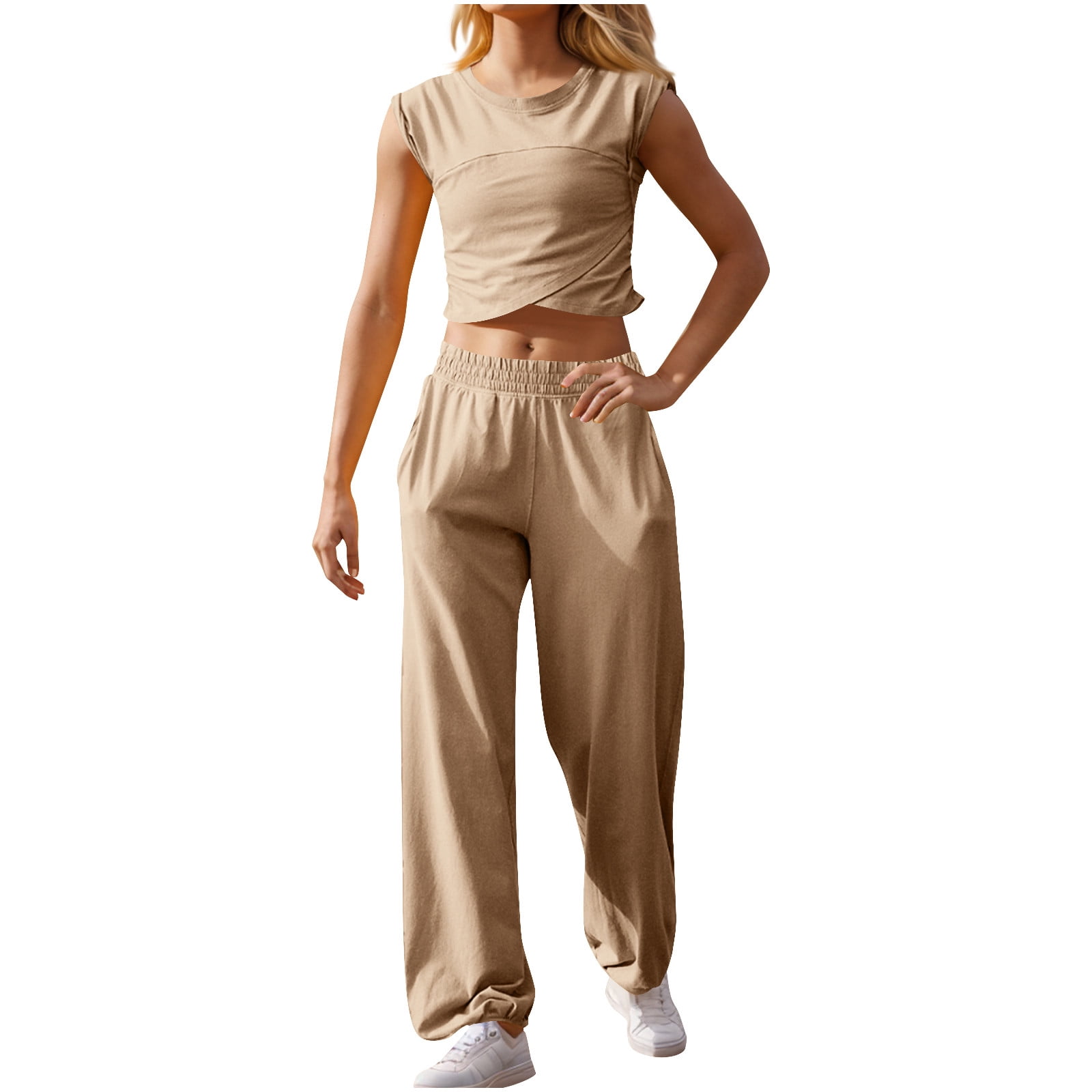 2 Piece Outfit Sets for Women Sleeveless Crop Top + High Waist Loose ...