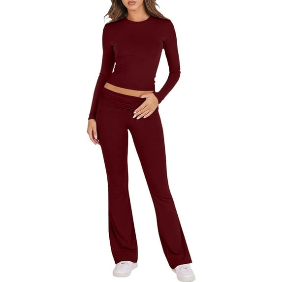 2 Piece Outfit for Women Knitted Stretchy Long Sleeve Top And High ...