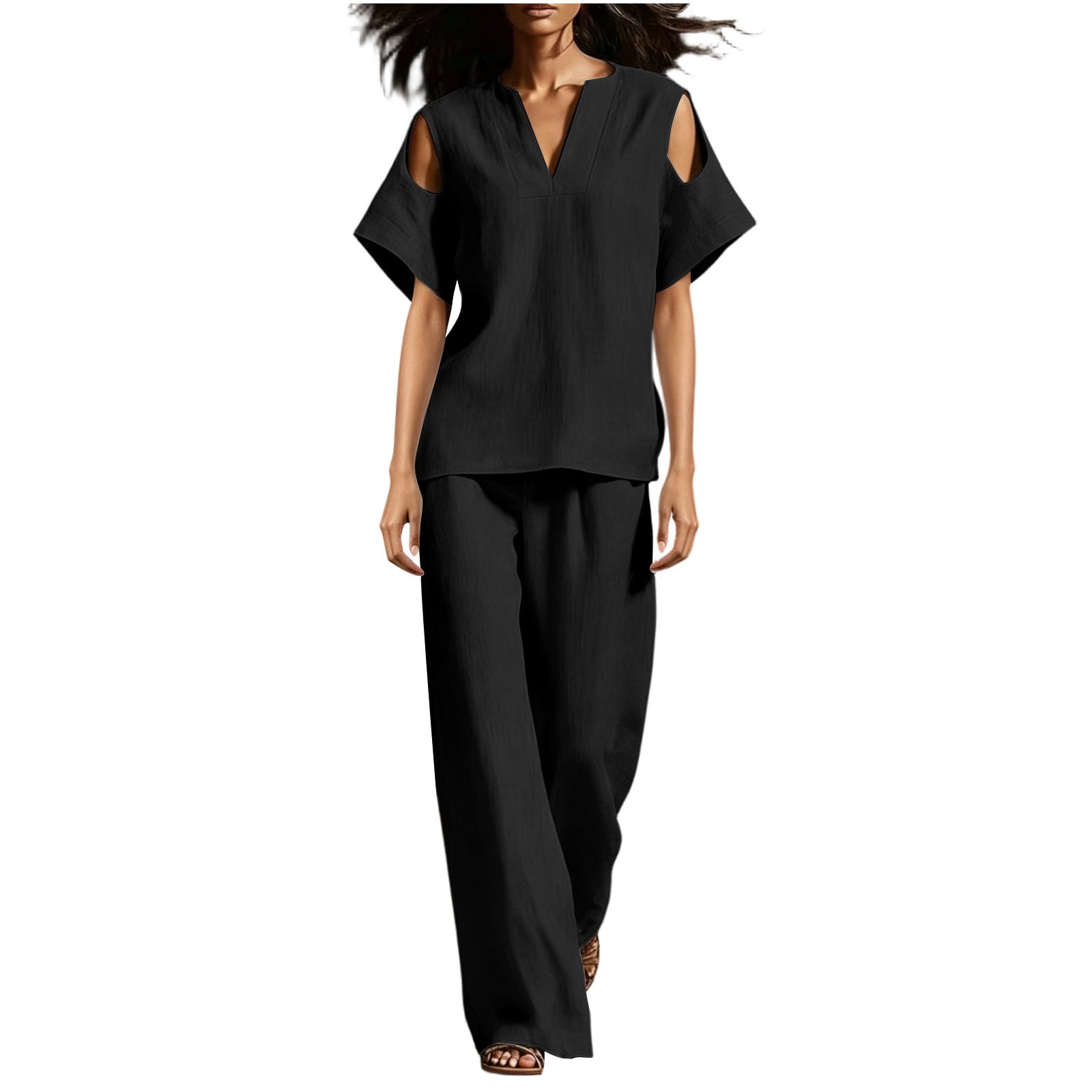 2 Piece Outfit for Women V Neck Cutout Short Sleeve Loose Top Wide Leg ...