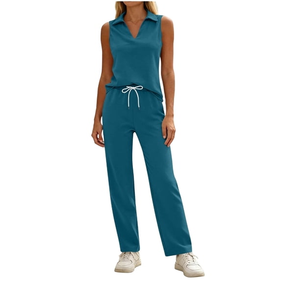 2 Piece Outfits For Women Collared Sleeveless Tank Top & Straight Leg ...