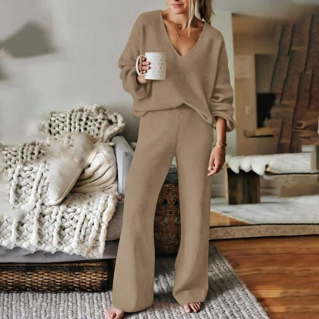 2 Piece Outfits Sets For Women Fashionable V-neck Solid Color Long ...