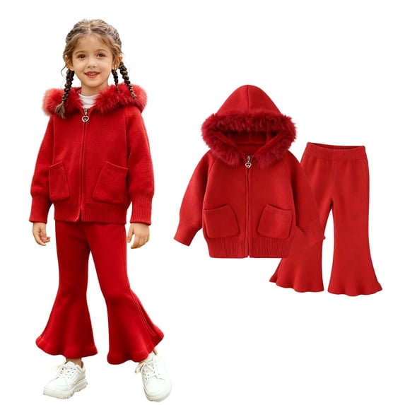 2 Piece Outfits Sets Girls Long Sleeve Hoodie Zip up Sweater and Flared ...